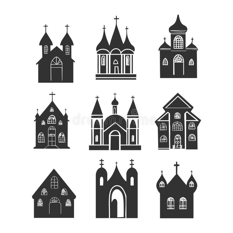 Collection of Various Traditional Church Building Silhouettes Stock ...