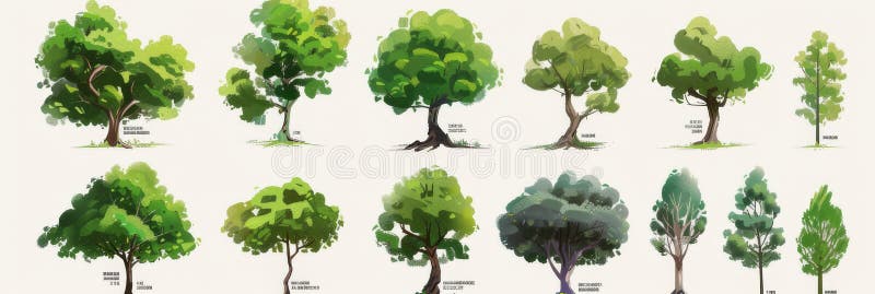 Collection of Various Tree Illustrations Showcasing Different Species ...