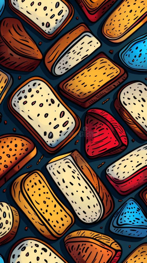 Assorted Bread Varieties on Blue Background Stock Illustration ...