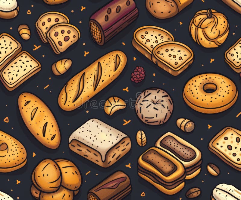 Assorted Bread Varieties on Black Background Stock Illustration ...
