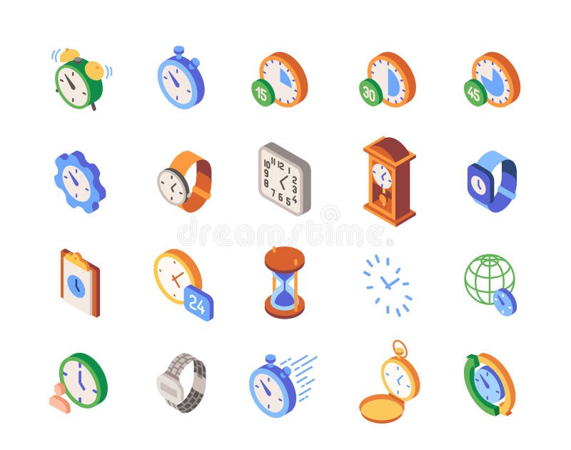 Collection of Various Types of Clocks Icons in Isometric Style, on a ...