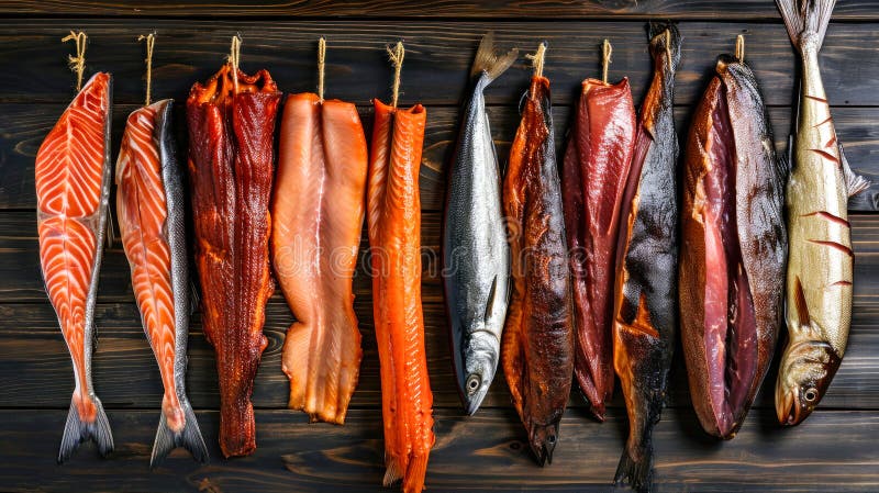 Assorted Smoked Fish Hanging on a Line Stock Illustration ...