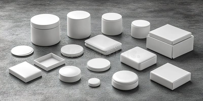 Collection of Various White Packaging Containers Arranged on a Gray ...