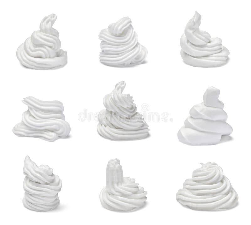 Collection of Various White Whipped Cream on White Background. Each One ...