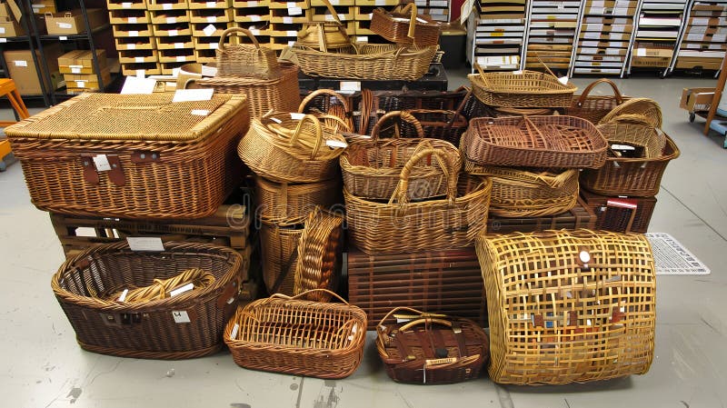 A Collection of Various Wicker Baskets Arranged in a Storage Area Stock Illustration ...