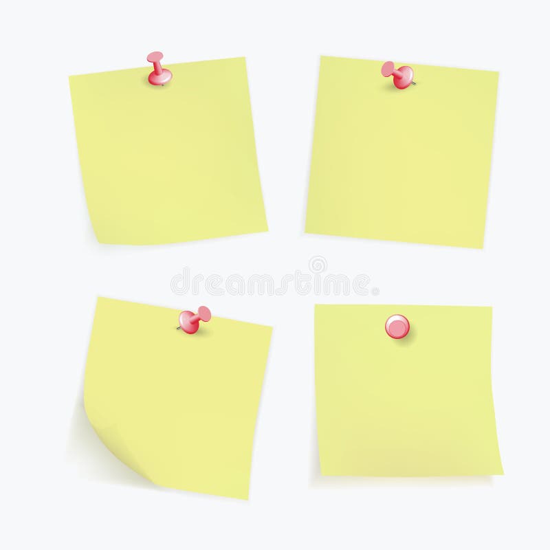 Collection of Various Yellow Note Papers with Curled Corner, Pinned Red ...