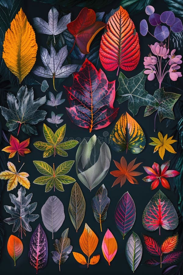 A Collection of Variously Colored Leaves Against a Dark, Matte Surface ...