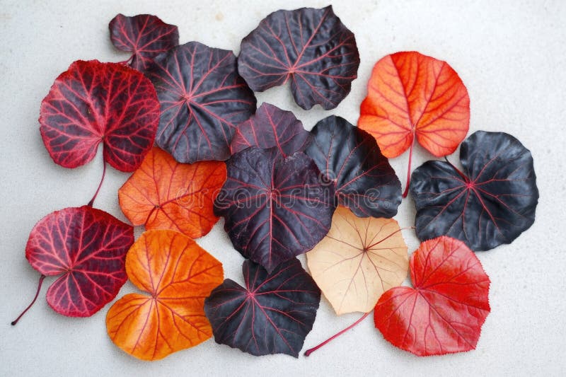 A Collection of Variously Colored Leaves Arranged on a Table Stock ...