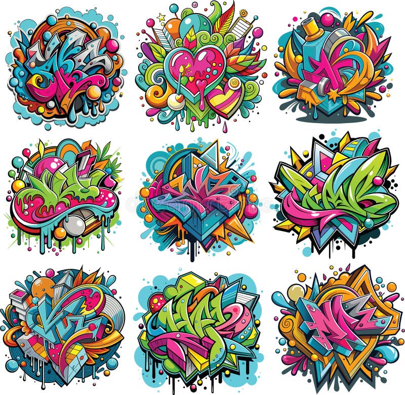 Collection of 9 Vector Abstract Graffiti Elements with Bright Colours ...