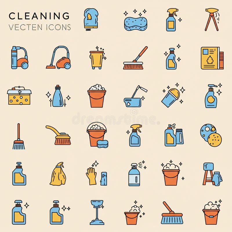 A Collection of Vector Cleaning Icons Featuring Various Cleaning Tools ...