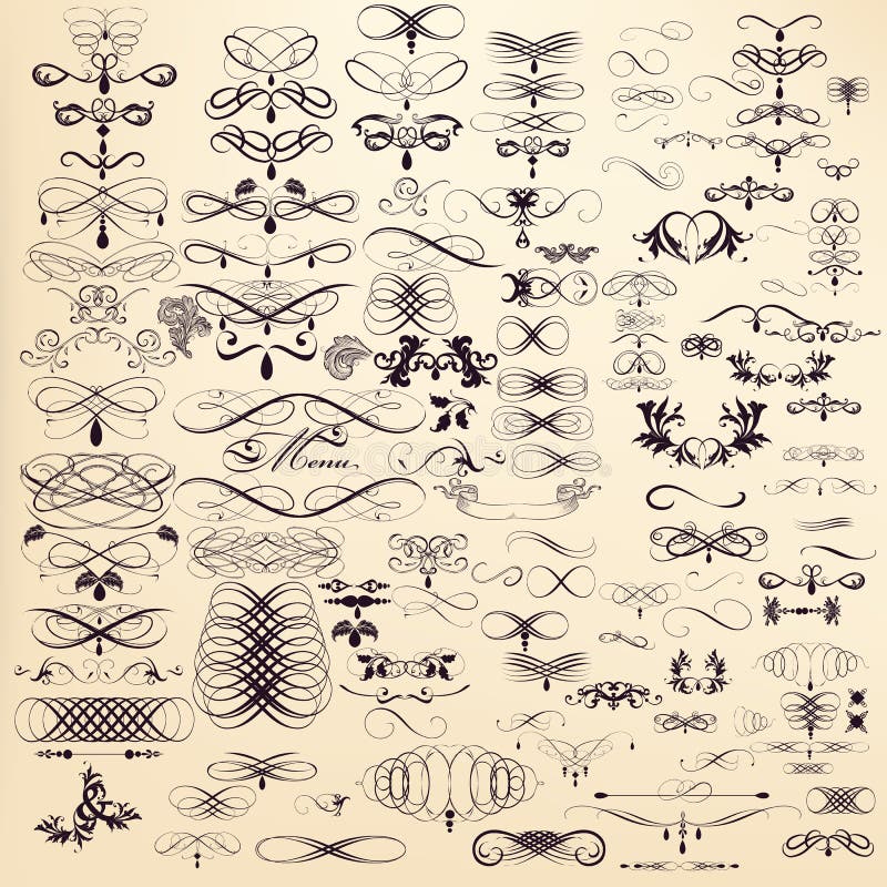 Collection of Vector Hand Drawn Flourishes in Engraved Style. Me Stock ...