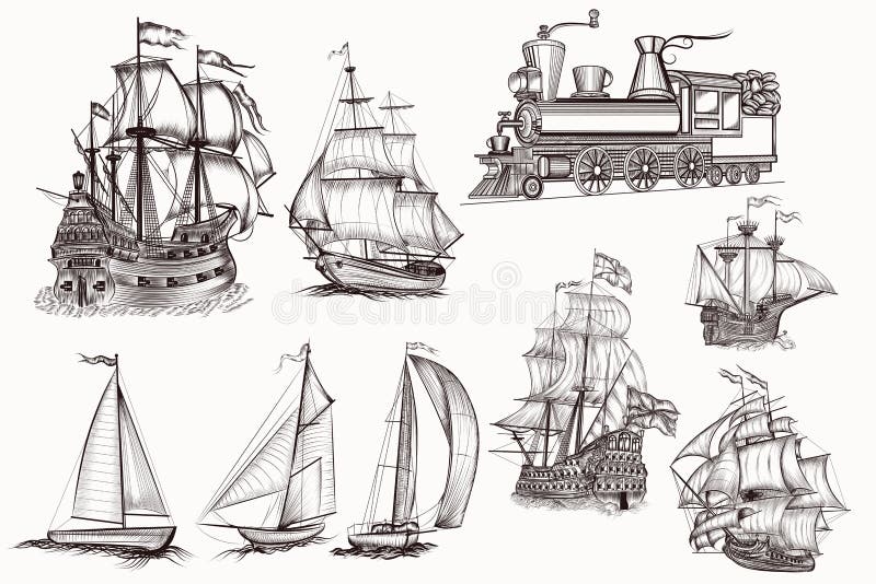 Collection of Vector Hand Drawn High Detailed Ships and Train Stock ...
