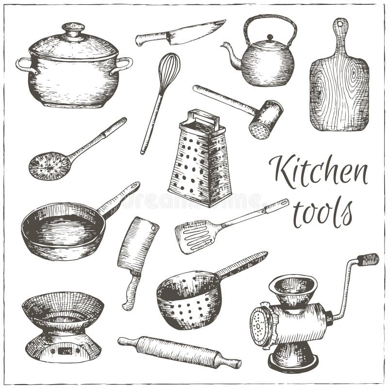 Collection of Vector Hand Drawn Kitchen Tools. Stock Illustration ...