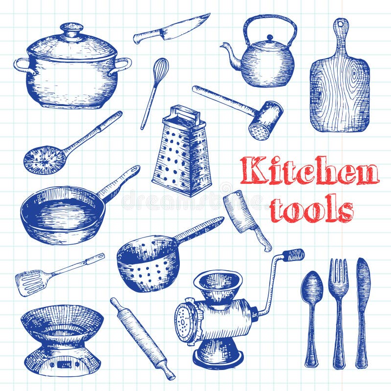 Collection of Vector Hand Drawn Kitchen Tools. Stock Illustration ...