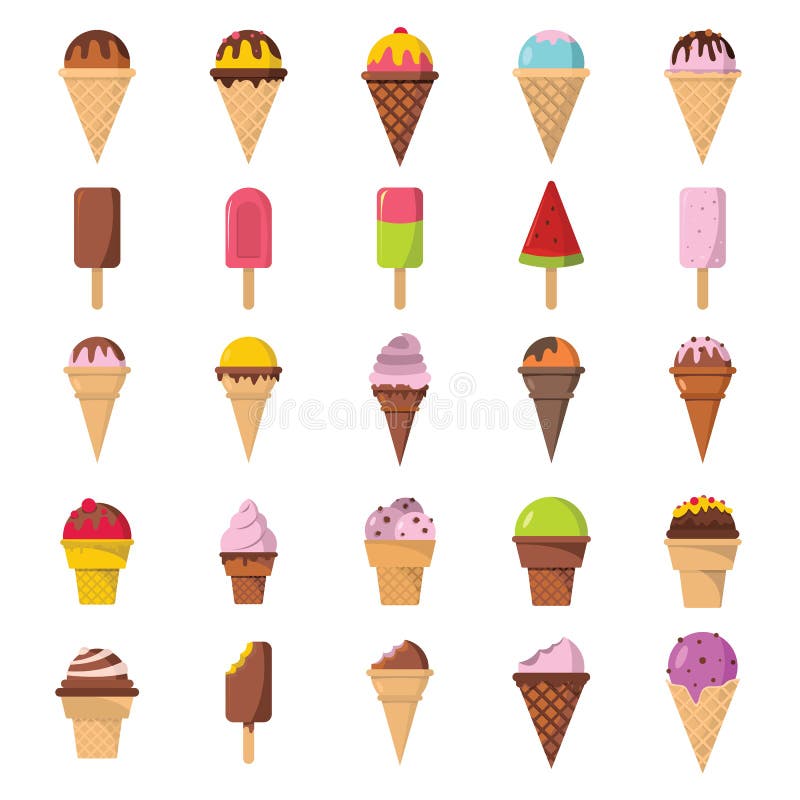Collection of 25 Vector Ice Cream Illustrations Isolated on White Stock ...