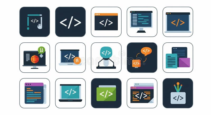 Coding and Programming Icons Set with Development and Technology Symbols Stock Illustration ...
