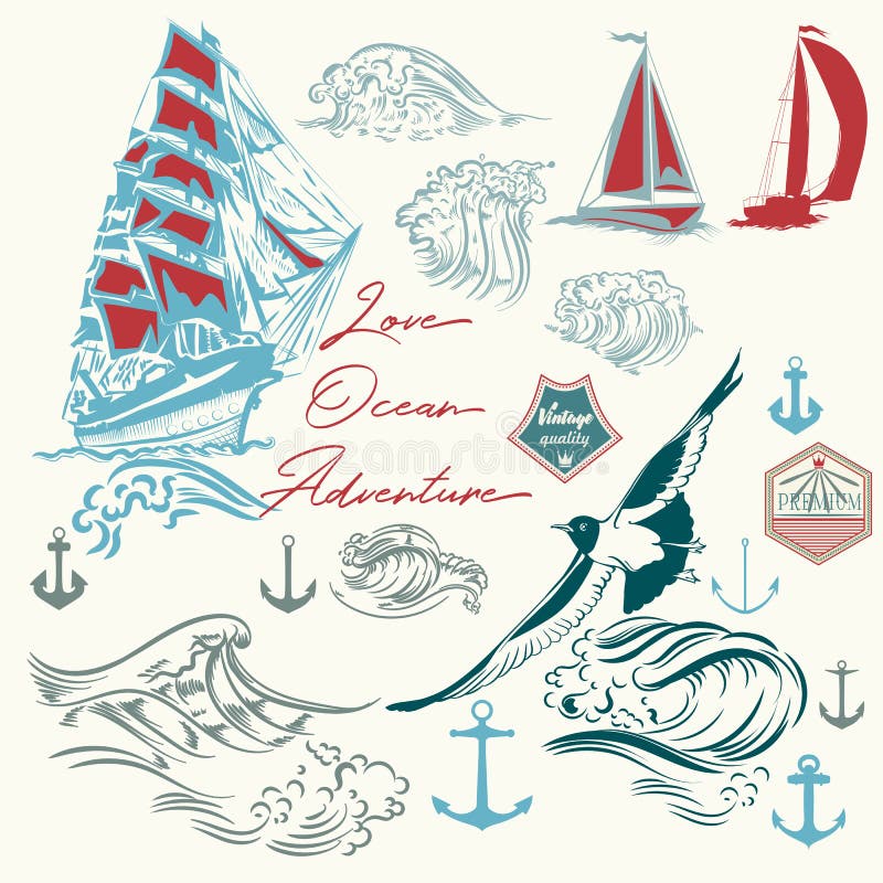 Collection of Vector Sea Elements on Marine Ocean Vacation Stock Vector ...