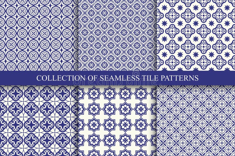 Collection of Vector Seamless Ornamental Geometric Patterns - Blue and ...