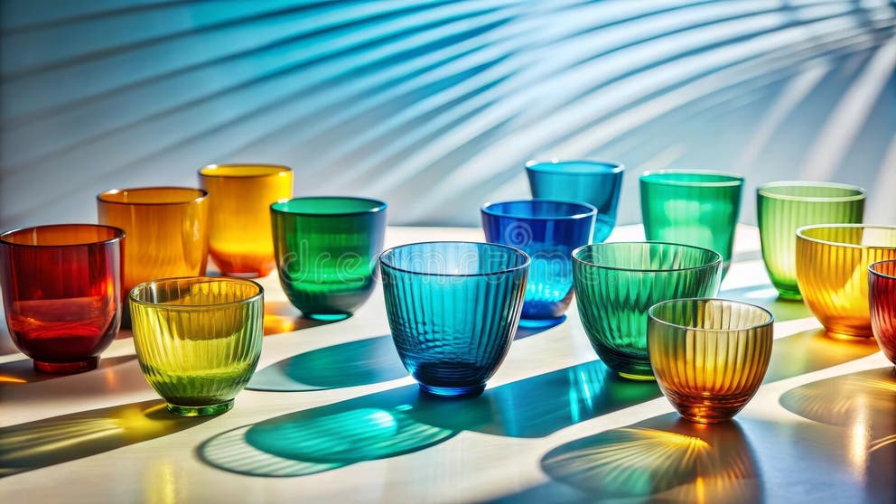 Collection of Vibrant Colored Glassware Illuminated by Sunlight Casting ...