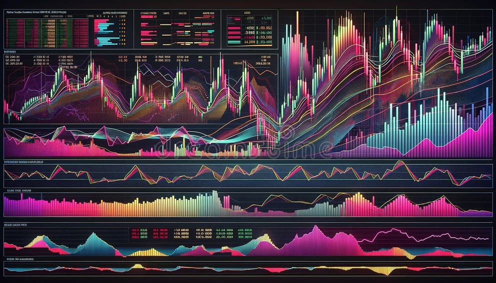 Colorful Dashboard of Graphs Set on Black Background. Concept Data ...