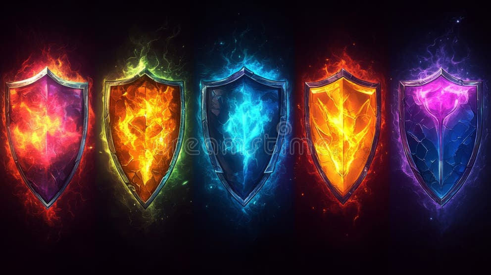 Collection of Vibrant Elemental Magic Shields on a Dark Background ...