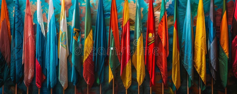 Collection of Vibrant Flags Displayed on a Wall Stock Image - Image of ...