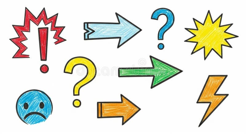 Hand-Drawn Colorful Symbols: Arrows, Question Marks, Exclamation, and ...