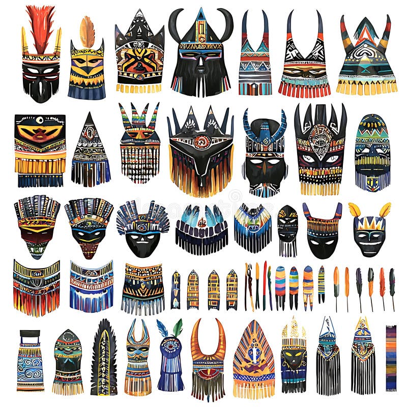 Collection of Colorful Tribal Masks with Geometric Patterns and ...