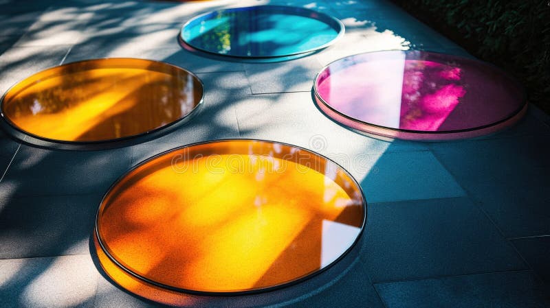 A Collection of Vibrant Plates Arranged on a Tile Floor Stock Image ...