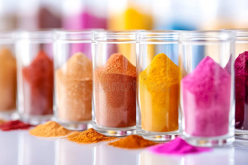 A Collection of Vibrant Powdered Spices is Arranged in Clear Glass ...