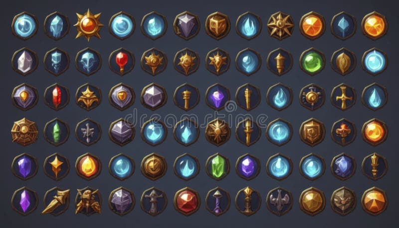 Set of Colorful Role Playing Game Icons Depicting Various Magical ...