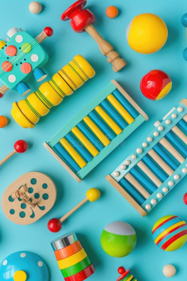 A Collection of Vibrant Wooden Toys on a Blue Background Stock Photo ...
