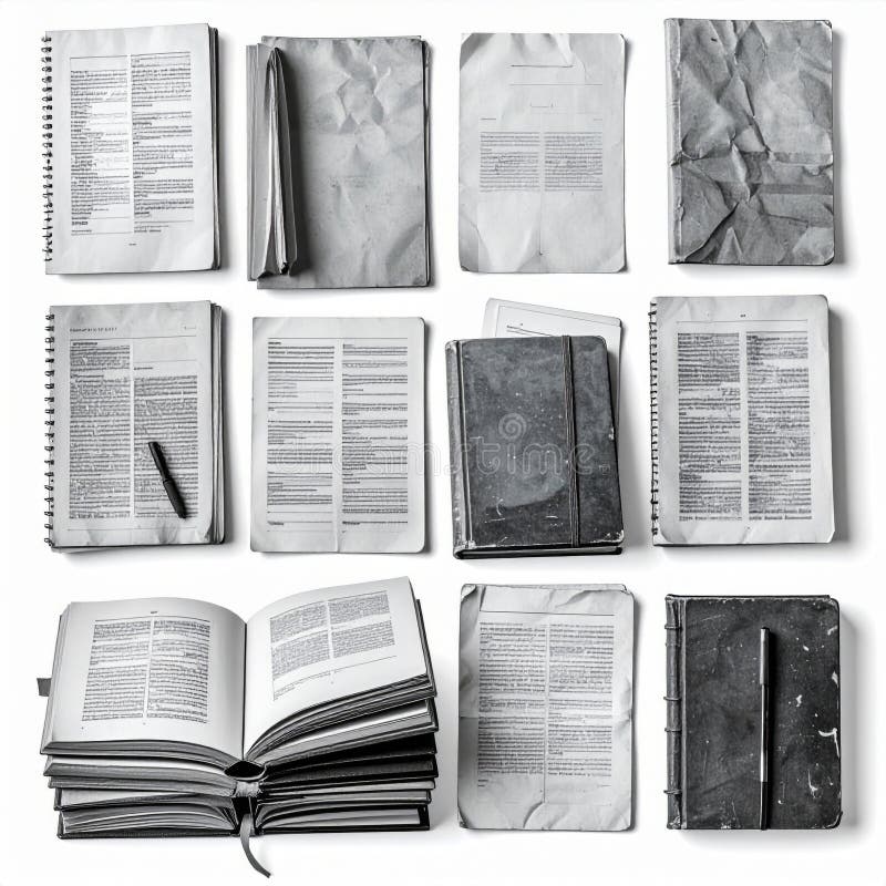 Collection of Vintage Books and Documents in Grayscale Stock ...