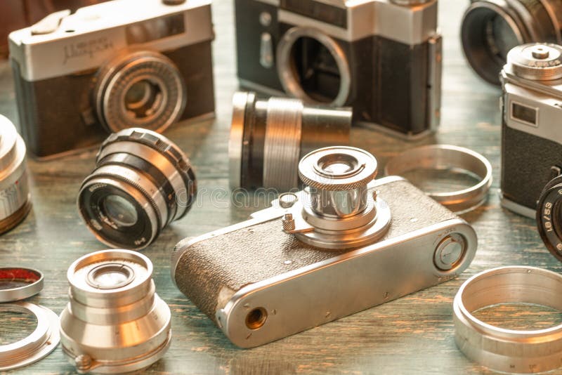 Collection of Vintage Cameras and Lenses. Soviet Cameras Close-up ...
