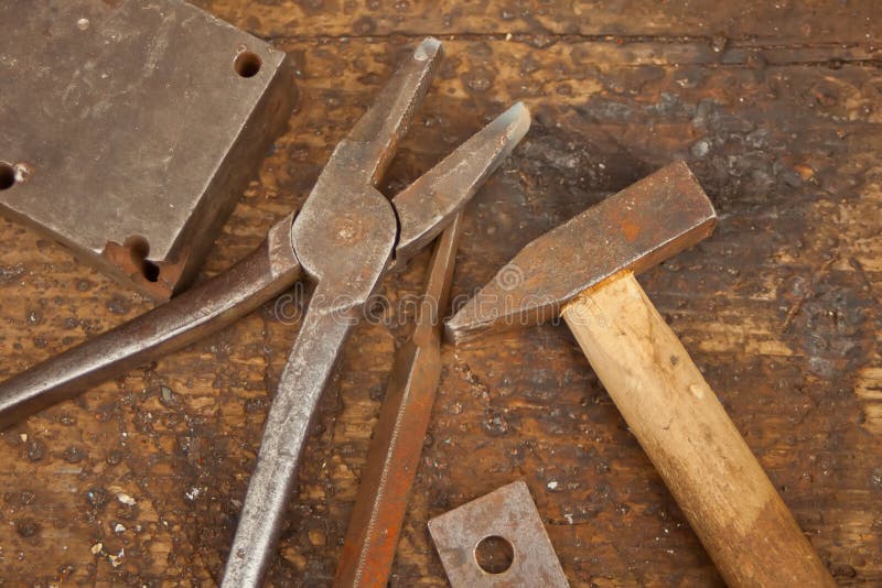 Collection of Vintage Carpentry Tools on an Old Workbench: Woodworking ...