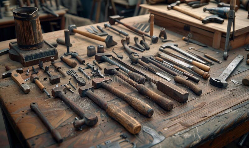 Collection of Vintage Carpentry Tools on an Old Workbench: Woodworking ...