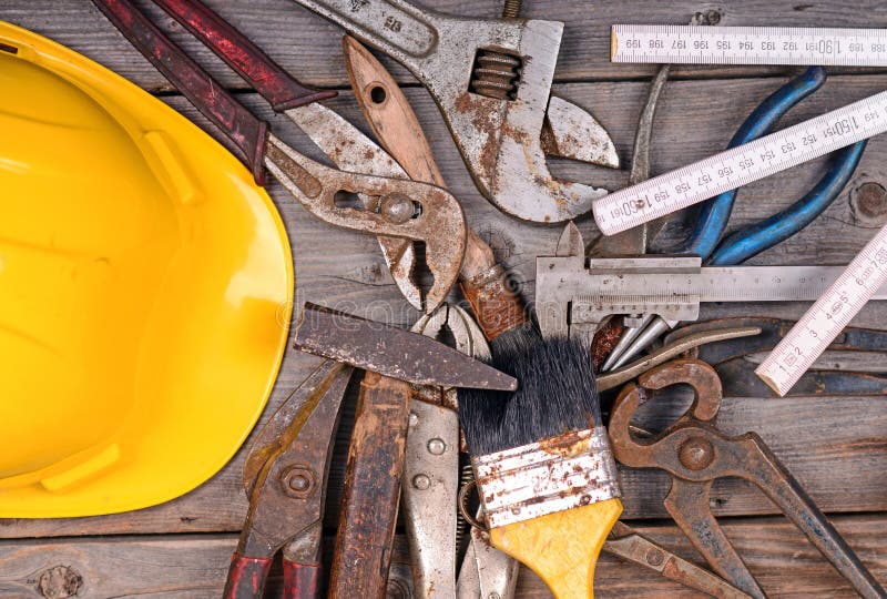 Collection of Vintage Construction Tool Shot from Above - Flat Lay ...