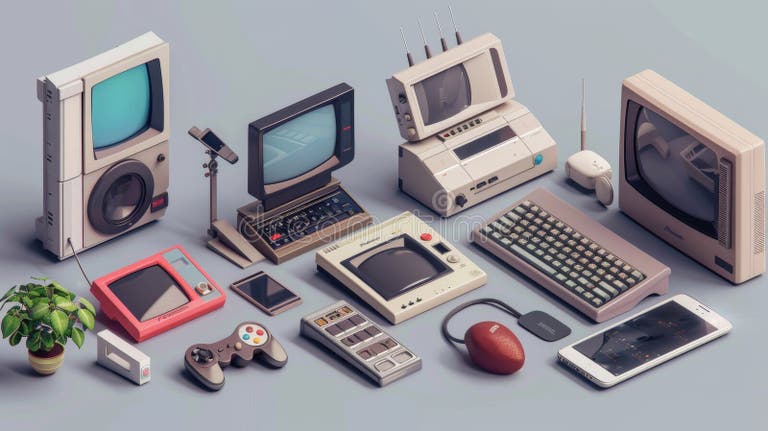 Collection of Vintage Electronic Devices. Gaming Consoles Evolution ...