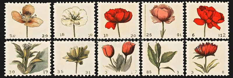 Collection of Vintage Flower Stamps Stock Illustration - Illustration ...