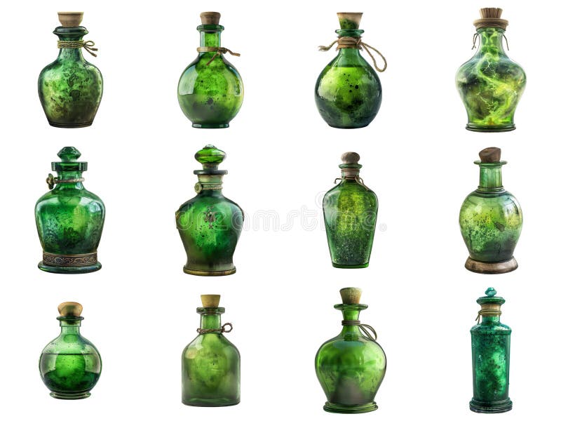 Collection of Vintage Green Glass Bottles with Various Closures Stock ...