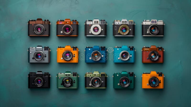 A Collection of Vintage and Modern Cameras Arranged on a Teal Wall ...