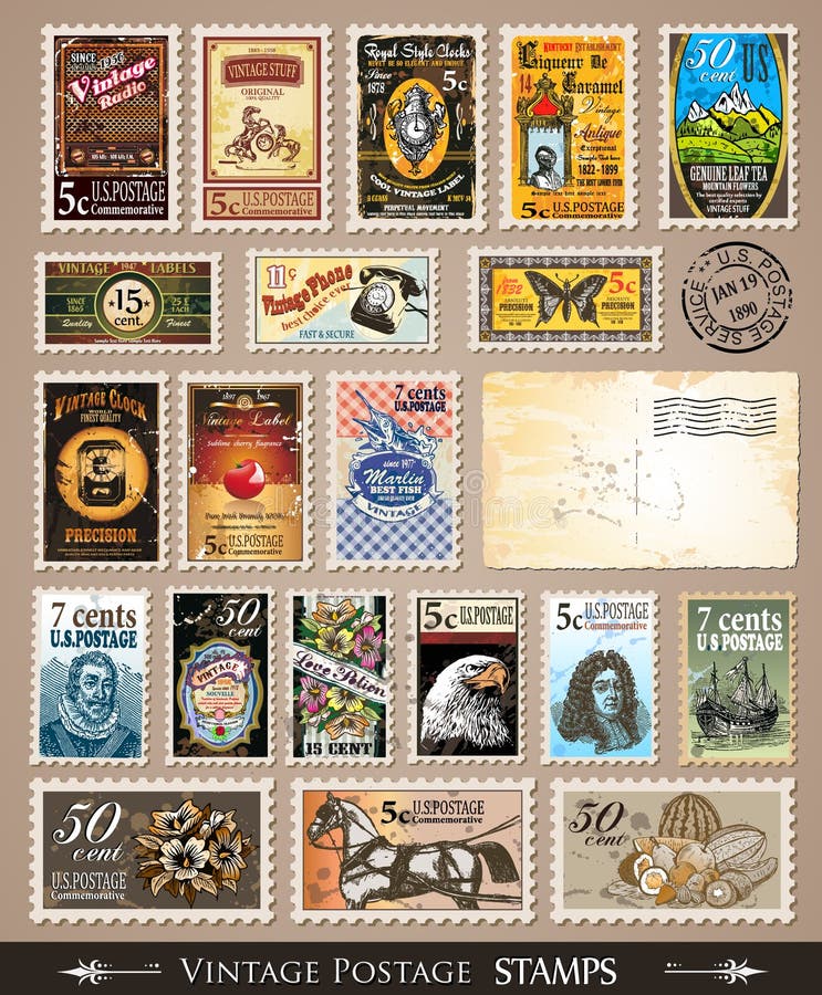 Vintage Postage Stamps, Marks and Stickers Stock Vector - Illustration ...