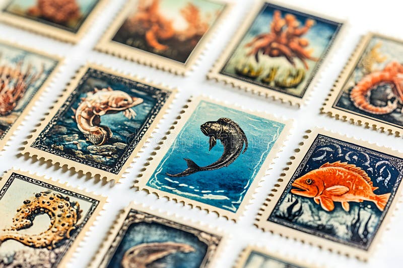 Collection of Vintage Postage Stamps Featuring Various Sea Creatures ...