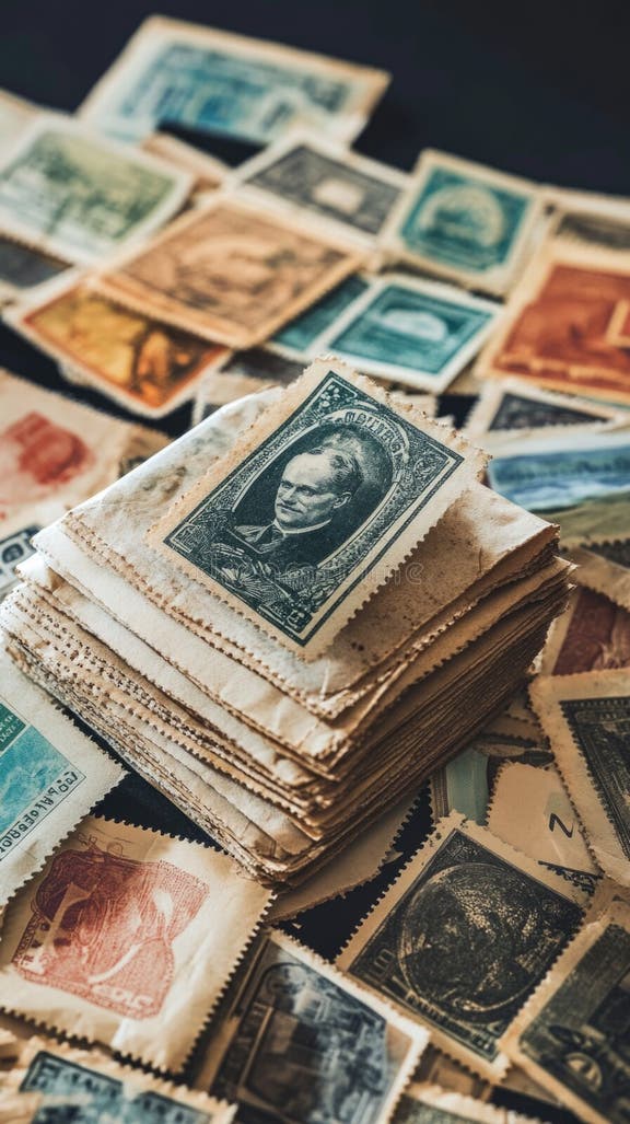 Collection of Vintage Postage Stamps on a Table Stock Photo - Image of ...