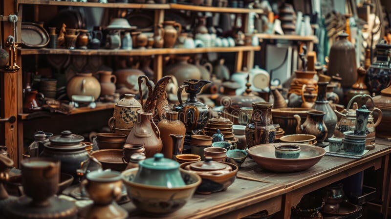 Collection of Vintage Pottery in a Rustic Setting Stock Photo - Image ...