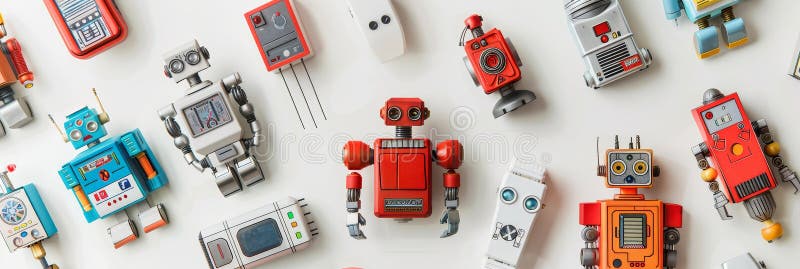 Retro Robots on White Background Technology Innovation Concept a ...