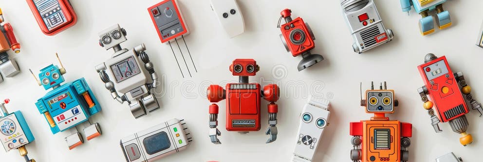 Retro Robots on White Background Technology Innovation Concept a ...