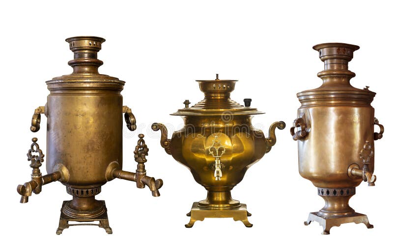 Collection of Vintage Samovars on White Background Stock Photo - Image ...