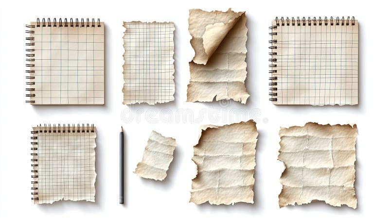 Collection of Vintage Spiral Notebooks and Torn Aged Paper Sheets ...