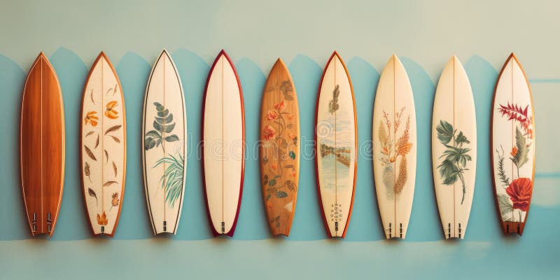 Collection of Vintage Surfboards on a Blue Background. Generative AI ...